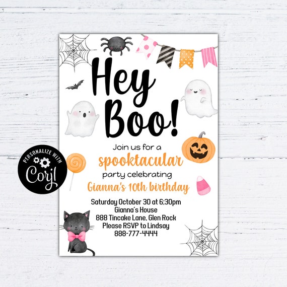 editable Halloween birthday invitation, pink Hey Boo halloween party ...