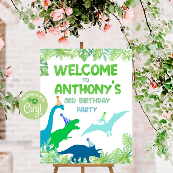 editable dinosaur birthday party welcome sign, digital dinosaur welcome ...