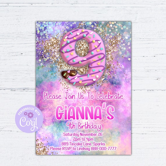 9th birthday invitation girl, 9th birthday invite for girl, editable ...