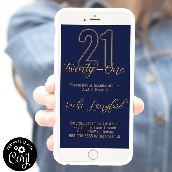 digital 21st birthday text invitation, navy and gold twentieth birthday ...