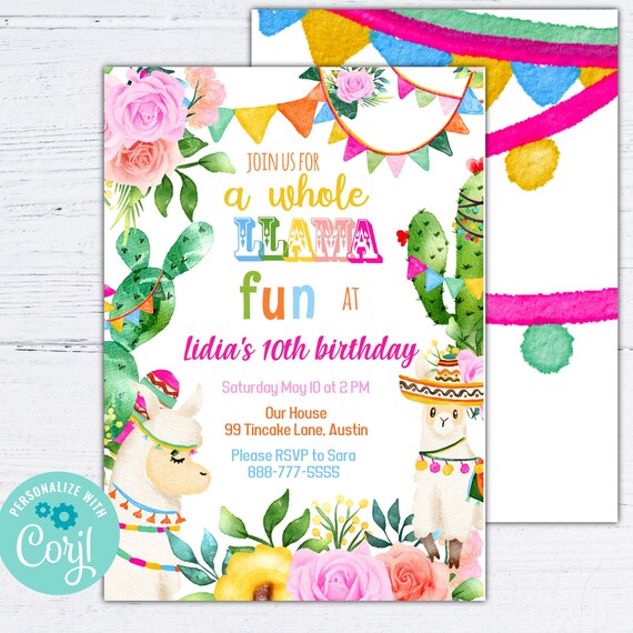 Editable llama birthday invitation, A whole llama fun invite, cactus ...