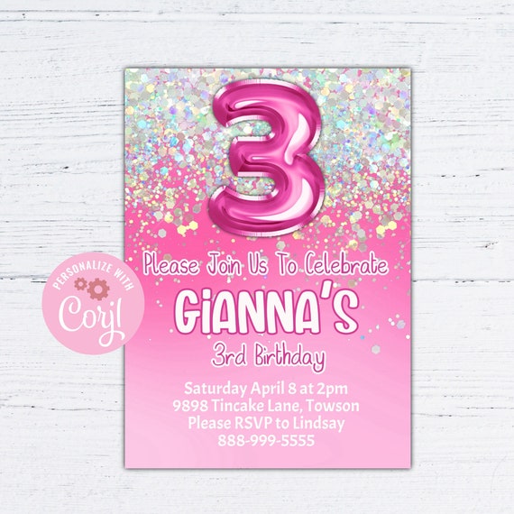 3rd birthday invitation girl, 3rd birthday invite for girl, pink ...