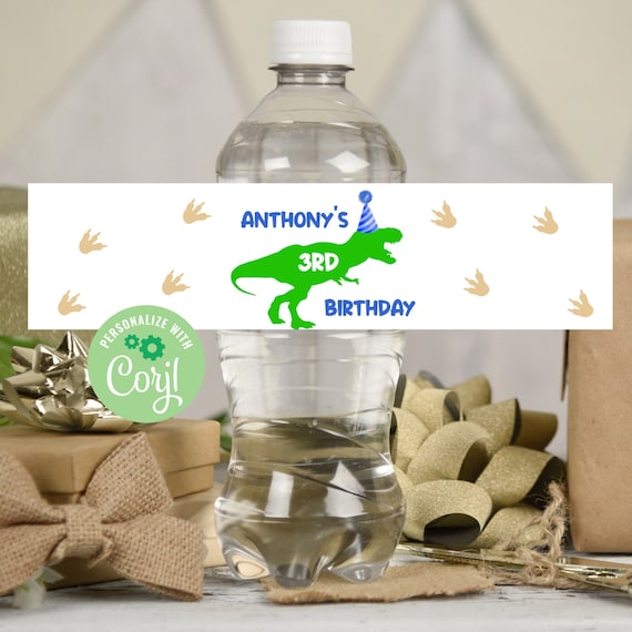 editable T-rex water bottle label, dinosaur water bottle wrapper, boy ...
