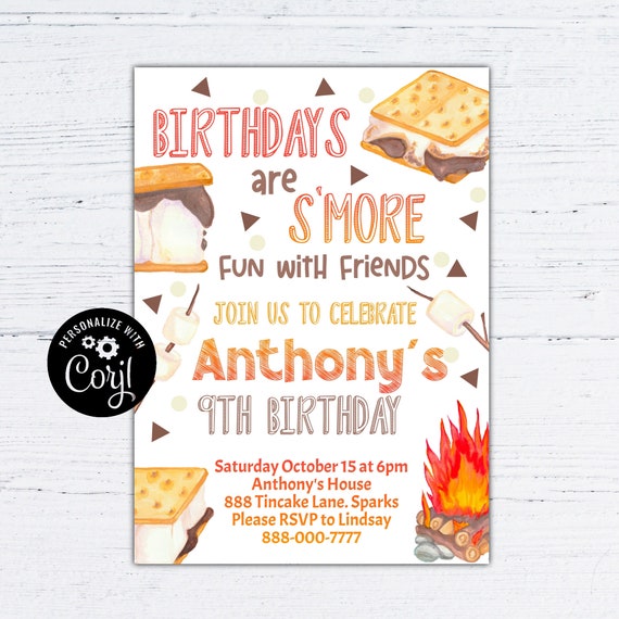 editable s'mores birthday invitation, s'mores bonfire birthday invitation, camping birthday ...