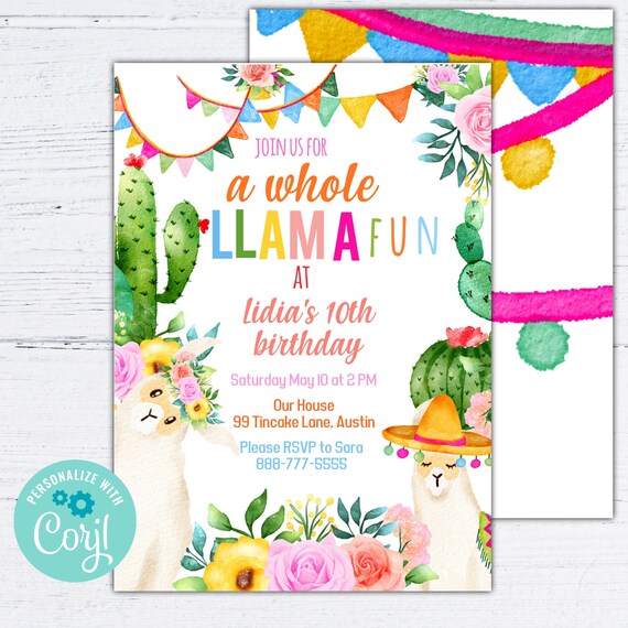 Editable llama birthday invitation, A whole llama fun invite, cactus ...