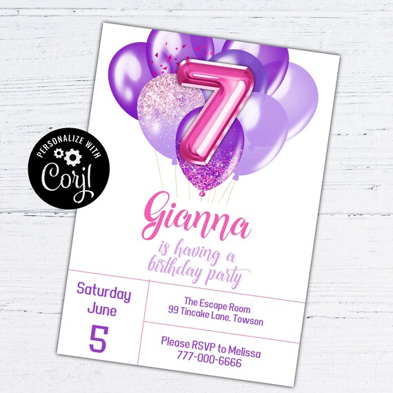 7th birthday invitation girl, 7th birthday invite for girl, pink and ...