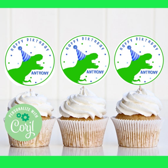 dinosaur birthday party cupcake toppers, T-rex birthday cupcake topper ...