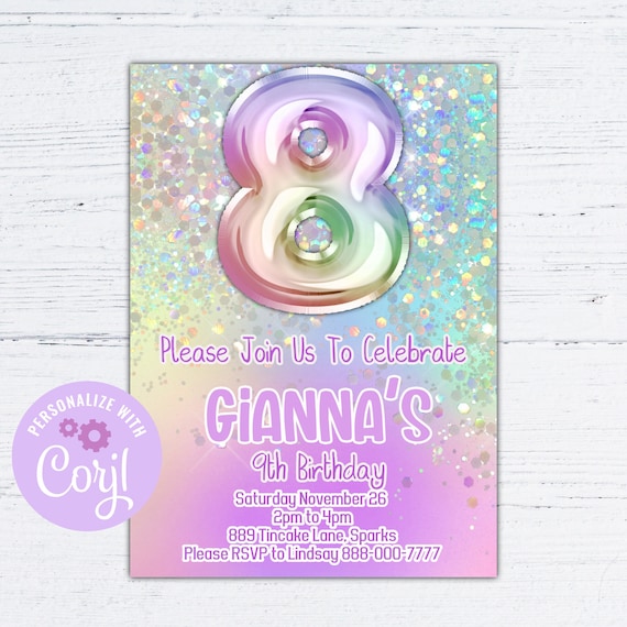 8th Birthday Invitation Girl 8th Invite For Girl Pastel Rainbow