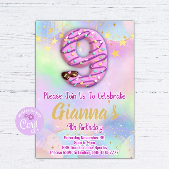 9th birthday invitation girl, 9th birthday invite for girl, editable ...