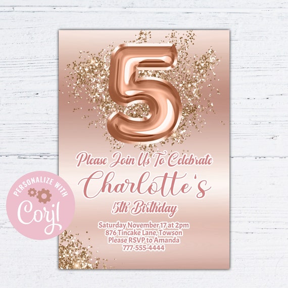 5th birthday invitation girl, rose gold 5th birthday invite for a girl ...