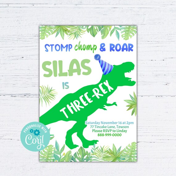 editable three-rex birthday invitation, digital printable dinosaur ...