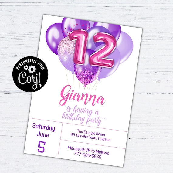 12th birthday invitation girl, 12th invite for girl, purple and pink ...