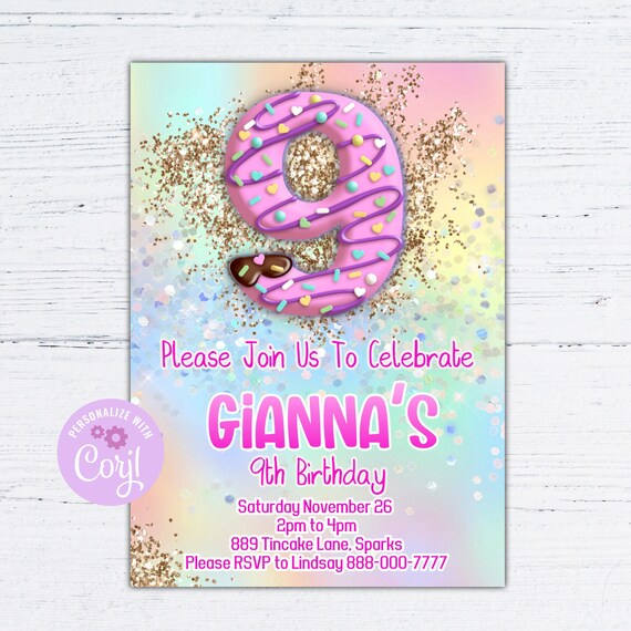 9th birthday invitation girl, 9th birthday invite for girl, editable ...