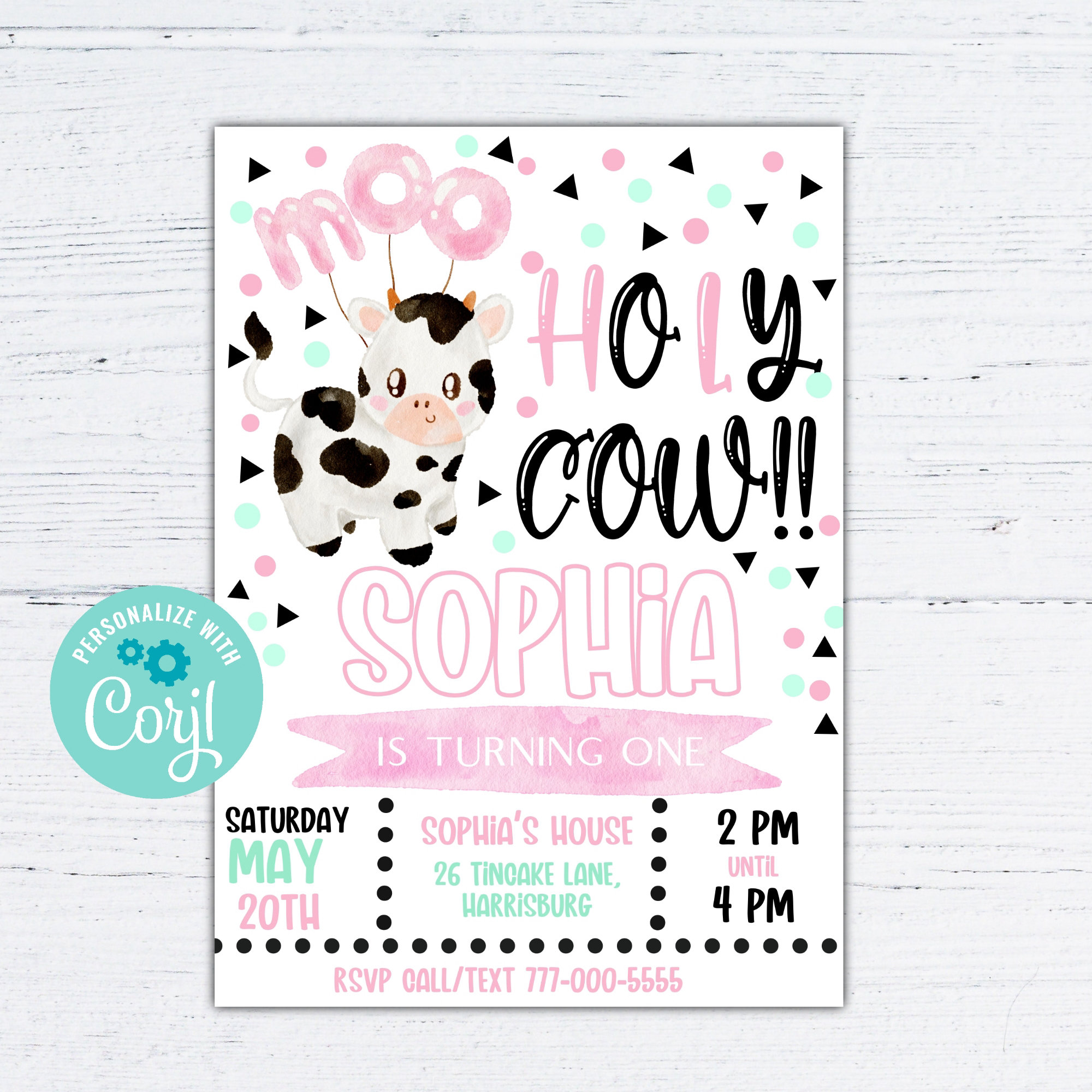 Cow First Birthday Invitation Holy Cow Birthday Invite Cow | Etsy