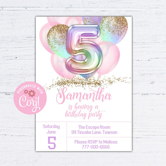 editable 5th birthday invitation girl, printable 5th birthday invite ...