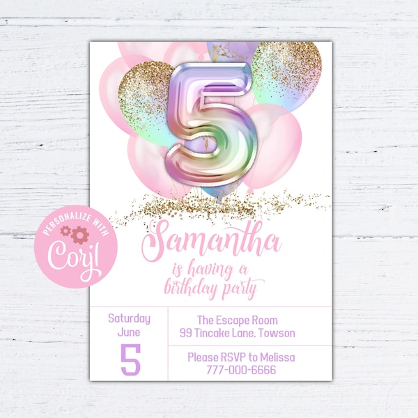 Printable Girl 5th Birthday Invitation - Etsy