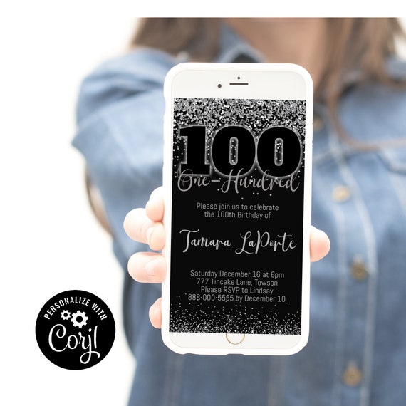 digital 100th birthday text invitation, black and silver 100th birthday ...