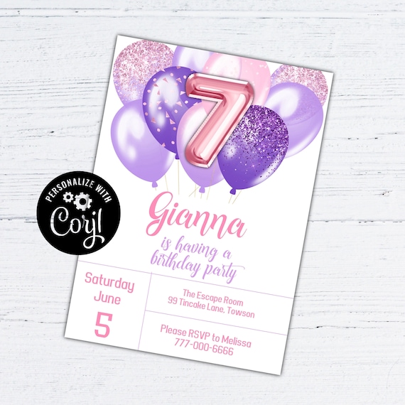 7th birthday invitation girl, 7th birthday invite for girl, pink and ...