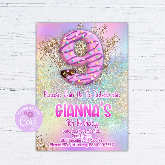 9th birthday invitation girl, 9th birthday invite for girl, editable ...