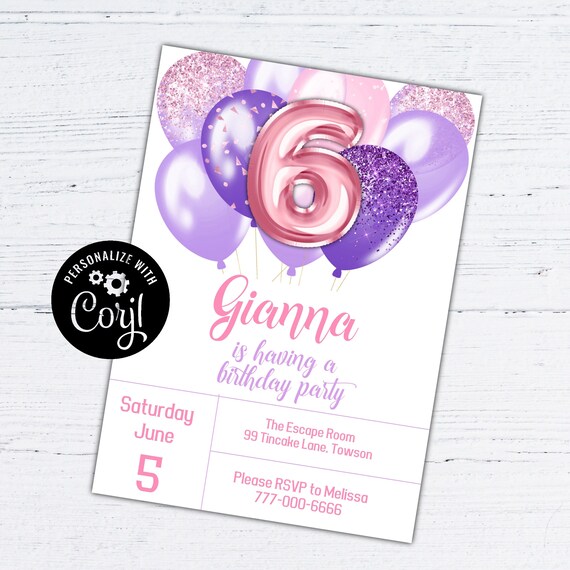 6th birthday invitation girl, 6th invite for girl, purple 6th birthday ...