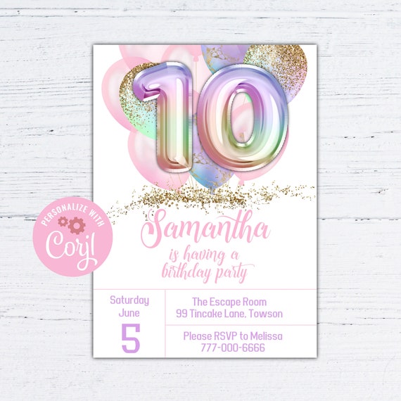 10th birthday invitation girl, 10th invite for girl, pastel rainbow ...