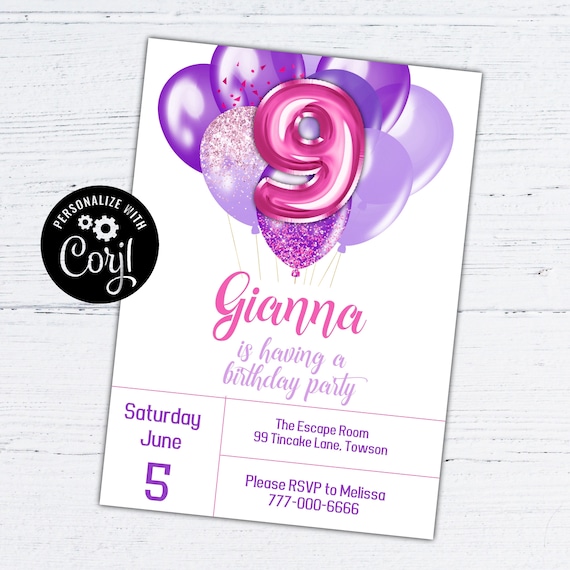 editable 9th birthday invitation girl, 9th birthday invite for girl ...