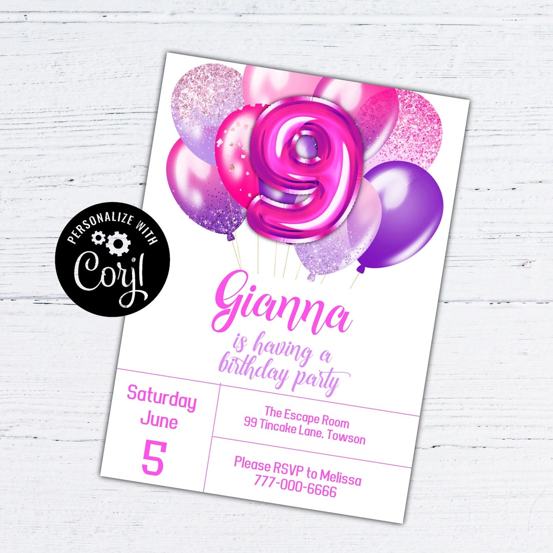 Editable 9th Birthday Invitation Girl, 9th Birthday Invite for Girl ...
