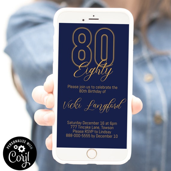 digital 80th birthday text invitation, navy and gold 80th birthday ...