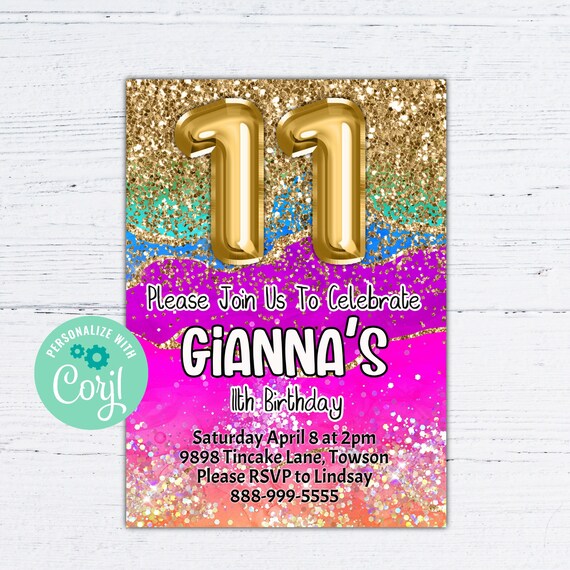 11th birthday invitation girl,11th birthday invite for a girl, gold ...