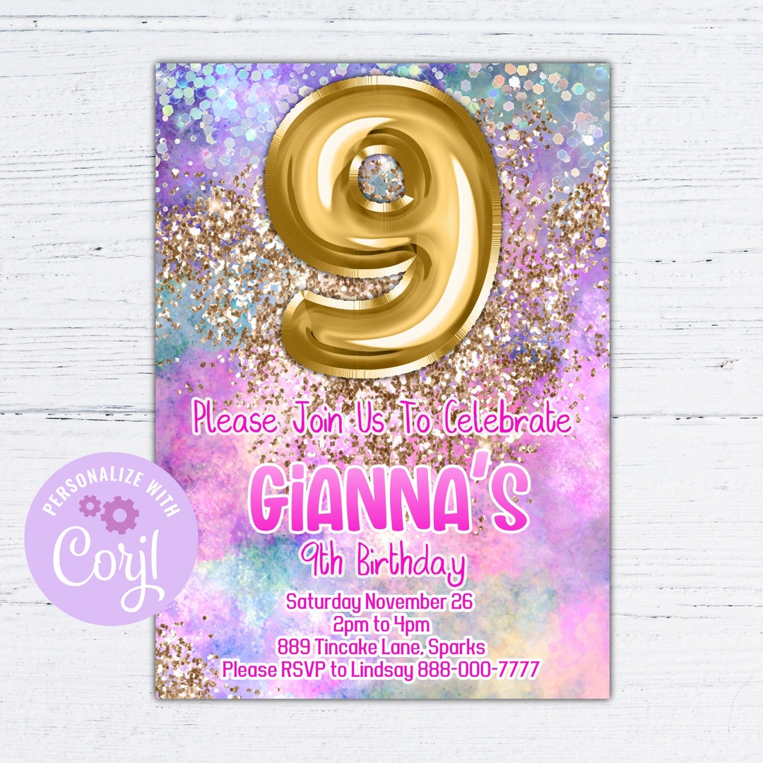 Editable 9th Birthday Invitation Girl, 9th Birthday Invite for Girl ...