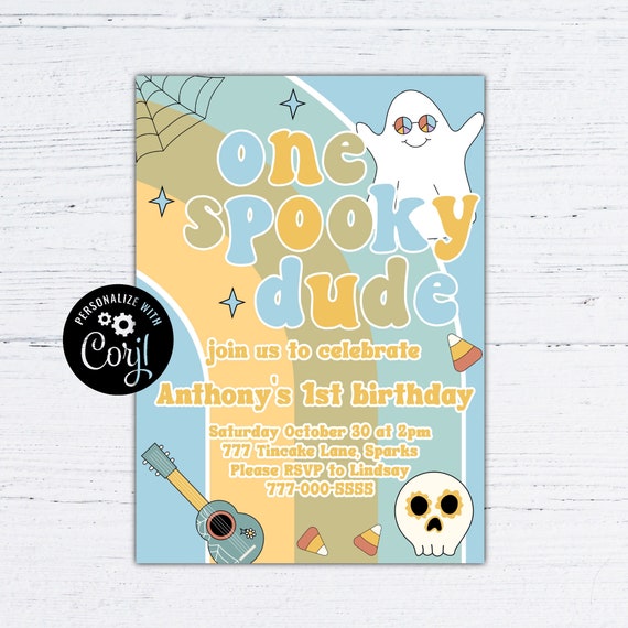 Halloween 1st birthday boy invitation, boy retro 70s halloween party ...