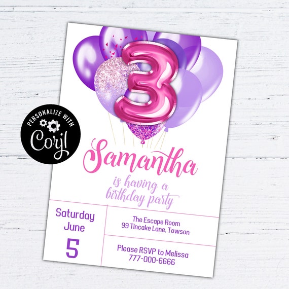 editable 3rd birthday invitation girl, printable 3rd birthday invite ...