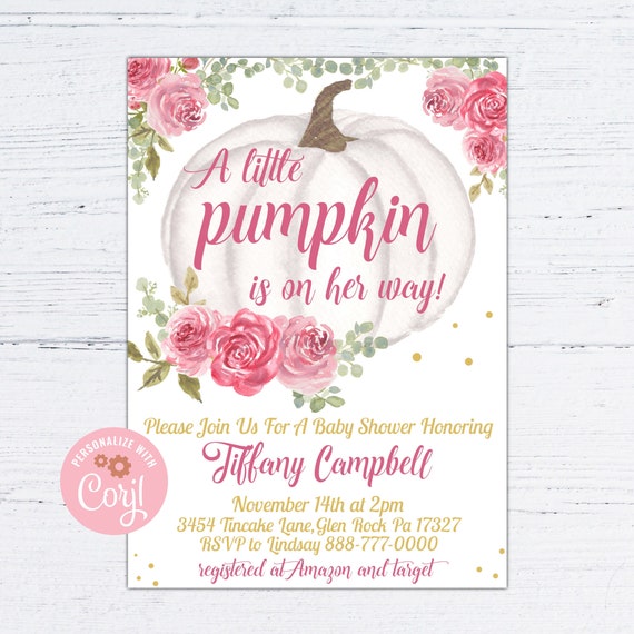 Editable pumpkin baby shower invitation, pink and gold little pumpkin ...