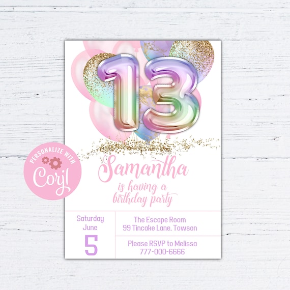 13th birthday invitation girl, 13th invite for girl, pastel rainbow ...