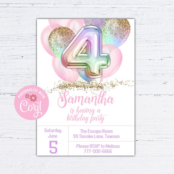 Editable 4th Birthday Invitation Girl Printable 4th Birthday Invite 