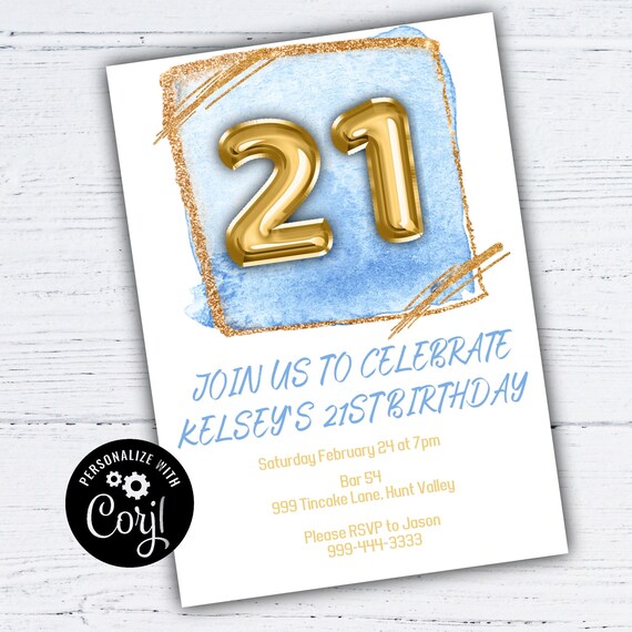 21st birthday invitation, blue and gold 21st birthday invite, printable ...