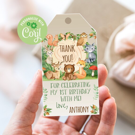 editable woodland 1st birthday favor tag, woodland forest birthday ...