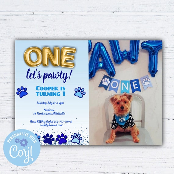 Dog first birthday invitation, blue puppy invitation, pet birthday ...