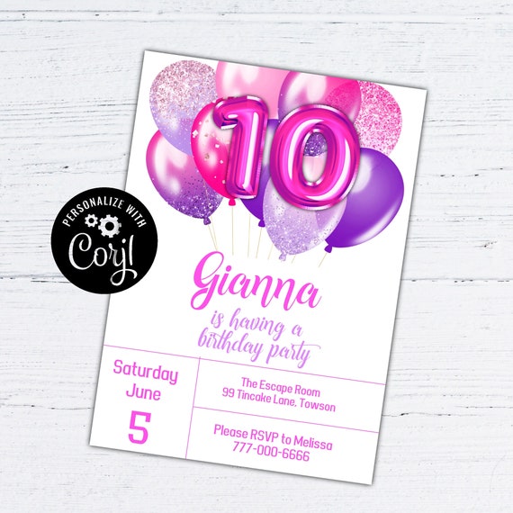 10th birthday invitation girl, 10th invite for girl, pink and purple ...
