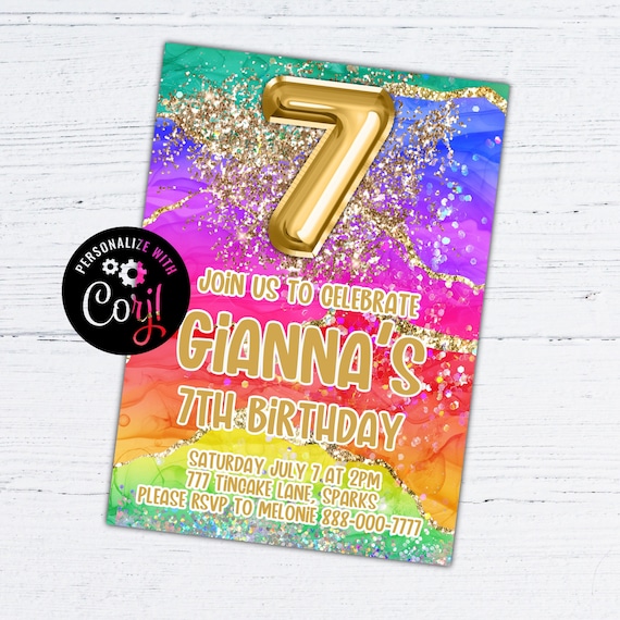 7th birthday invitation girl, 7th birthday invite for girl, rainbow 7th ...