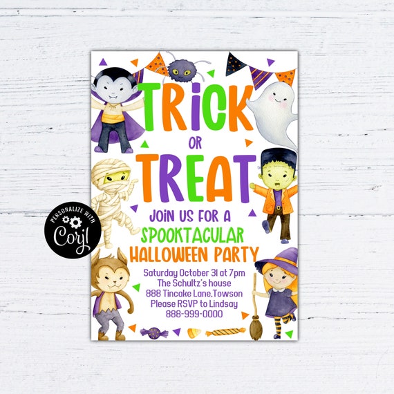 Trick or Treat Halloween party invitation, editable costume party ...