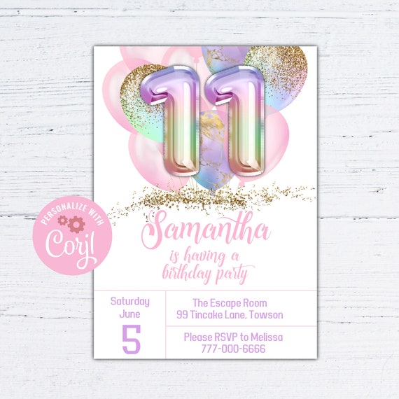 11th birthday invitation girl, 11th invite for girl, pastel rainbow ...