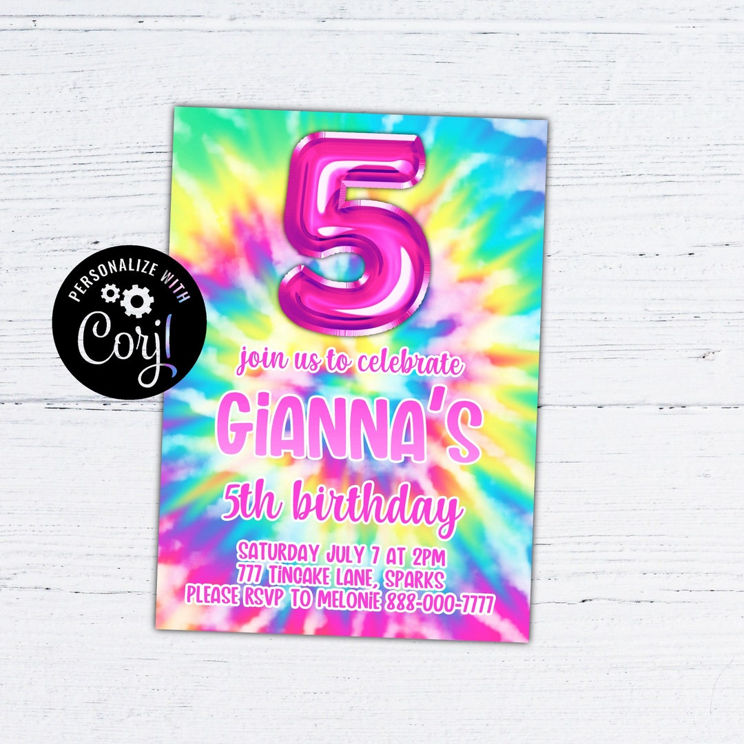 5th Birthday Invitation Girl, 5th Birthday Invite for Girl, Tie Dye ...