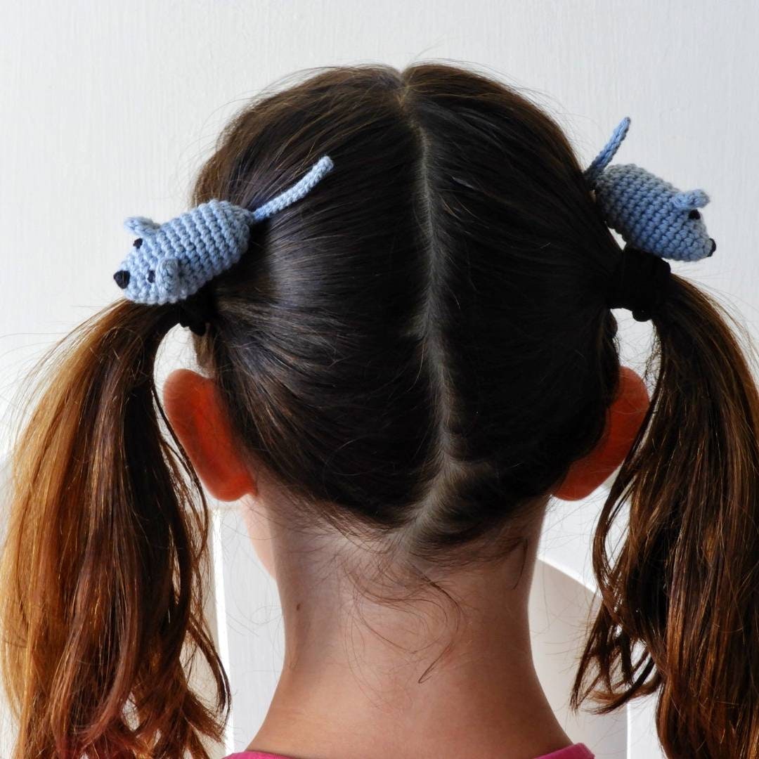 2 Gray Mice Hair Ties Crochet Mouse Hair Accessories Ponytail Holders ...