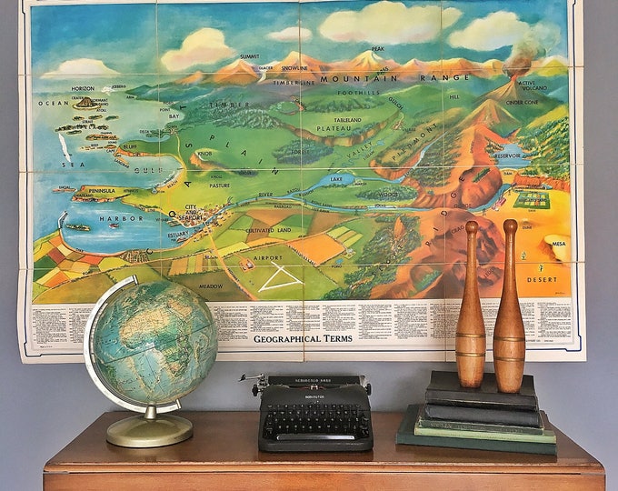 Vintage School Wall Map Geographical Terms, Denoyer Geppert 1956 ...