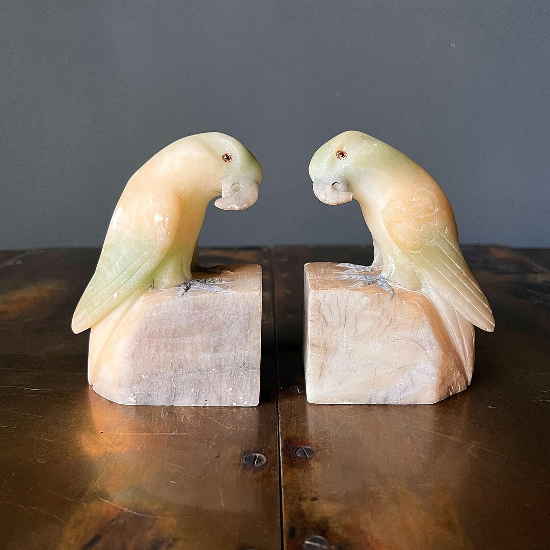 Vintage Italian Alabaster Parrot Bookends, Hand Carved Stone Bird ...
