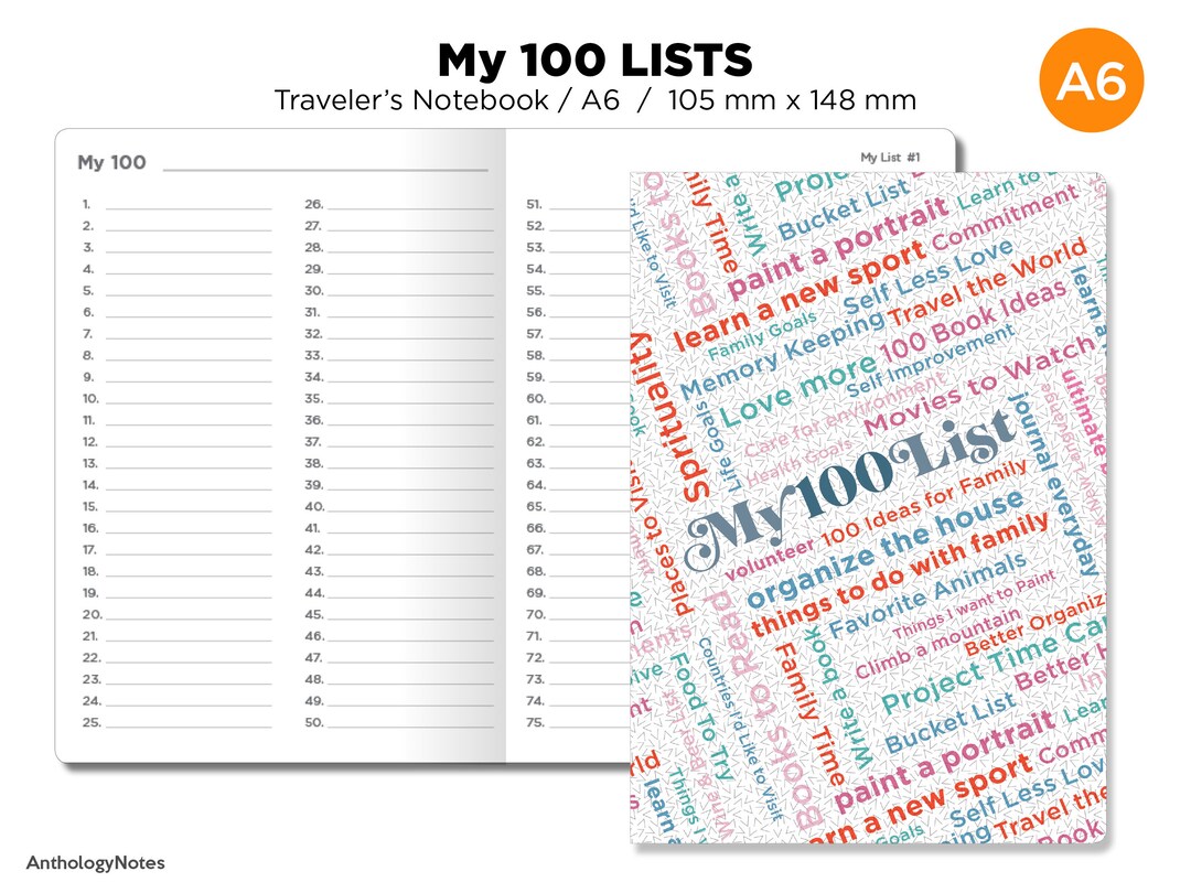 A6 My 100 Lists Printable Planner Traveler's Notebook Insert - Etsy