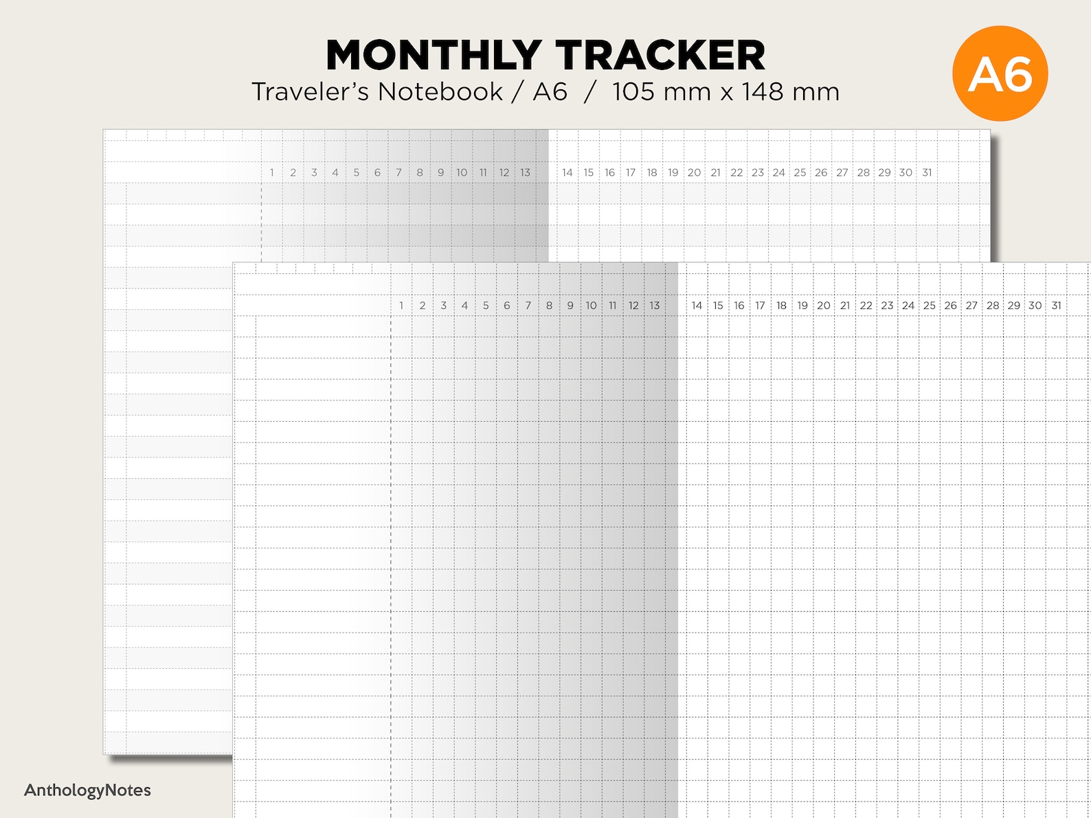 A6 Size Monthly Tracker Grid - Printable Traveler's Notebook Planner ...