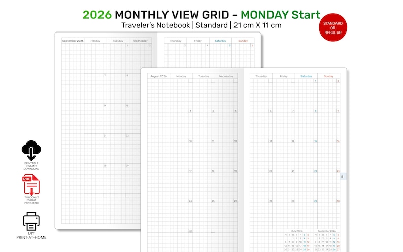 2026 Start Monthly GRID Standard TN Size Traveler's Notebook ...