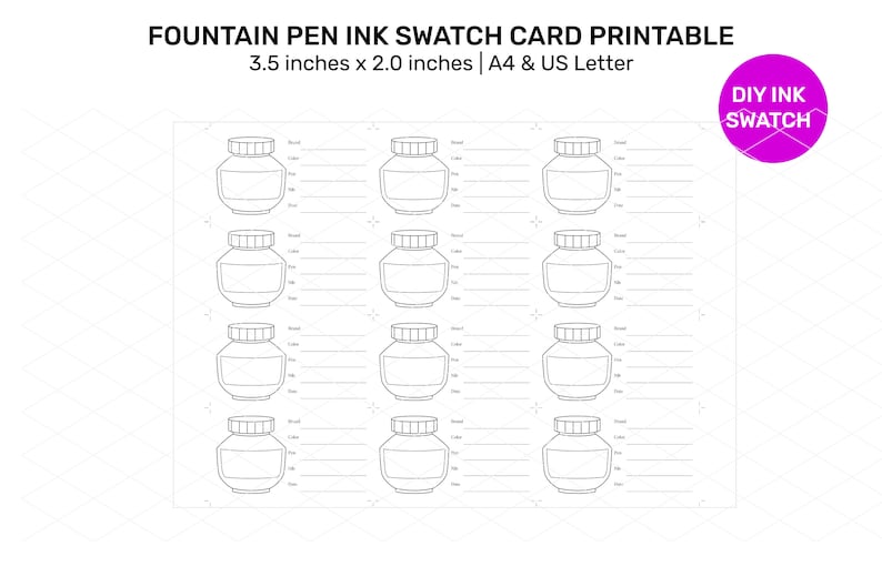 Printable FOUNTAIN PEN Ink Swatch Cards DIY Ink Swatching - Etsy